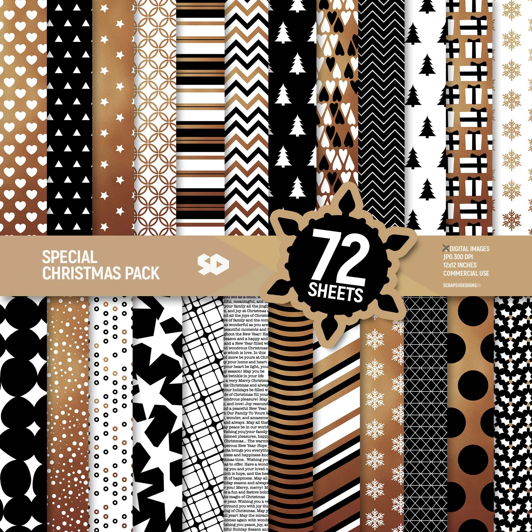 72 Christmas Digital Paper Pack. Black White and Gold Xmas Scrapbooking ...