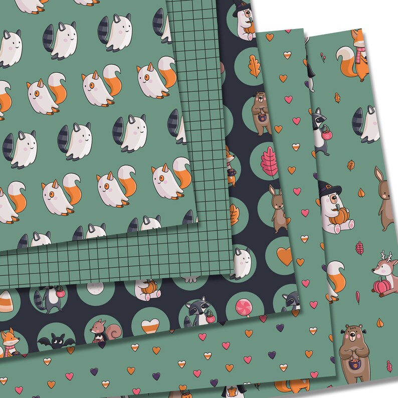 Woodland Halloween Digital Paper, Autumn Scrapbook Pages, Animals ...