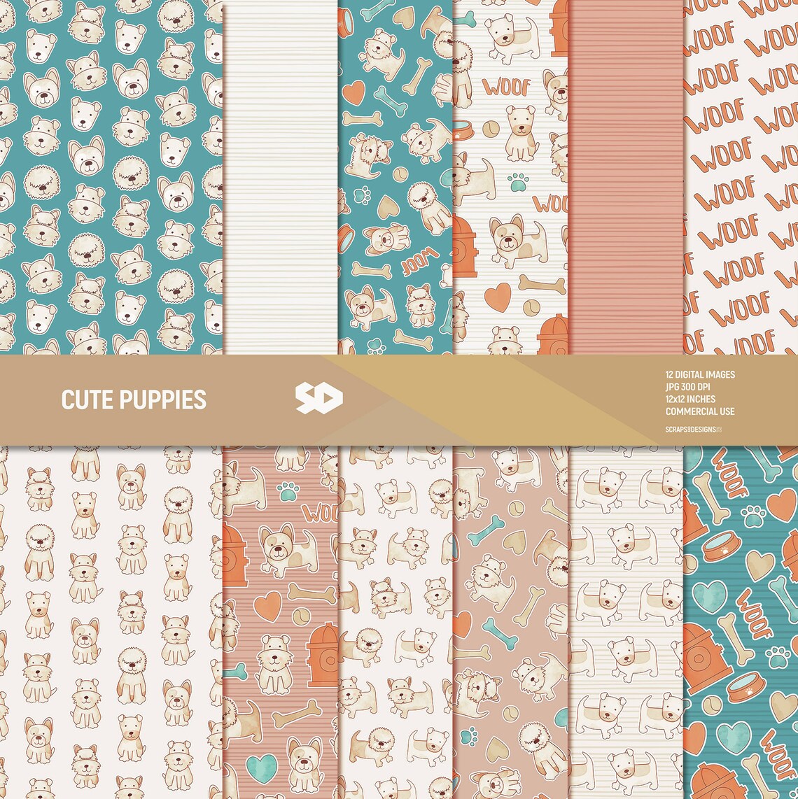 Cute Puppies Digital Paper Pack, Dog Scrapbook Pages, Bobtail Patterns ...