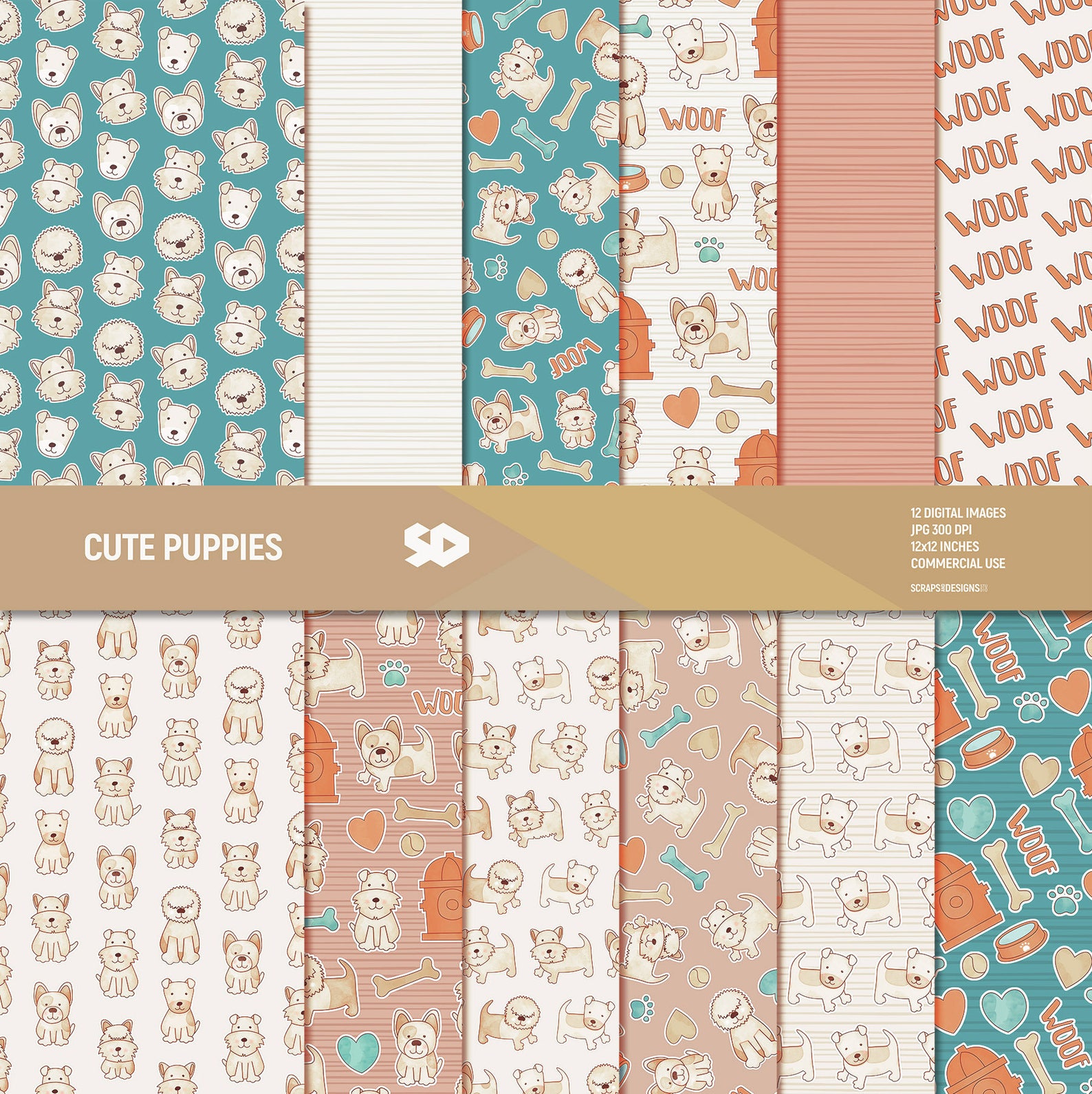 Cute Puppies Digital Paper Pack, Dog Scrapbook Pages, Bobtail Patterns ...