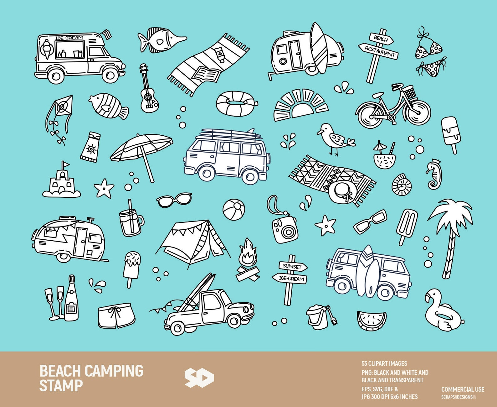 Beach Camping Clipart Bundle, Travel Holidays Clip Art Digital Stamp ...