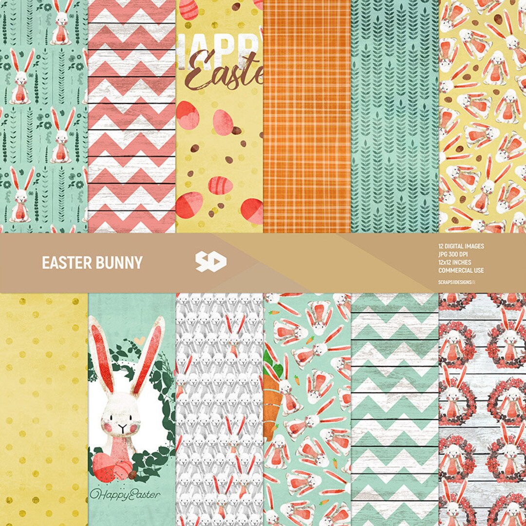 Easter Digital Paper Pack, Easter Scrapbook Pages, Illustration, Bunny ...