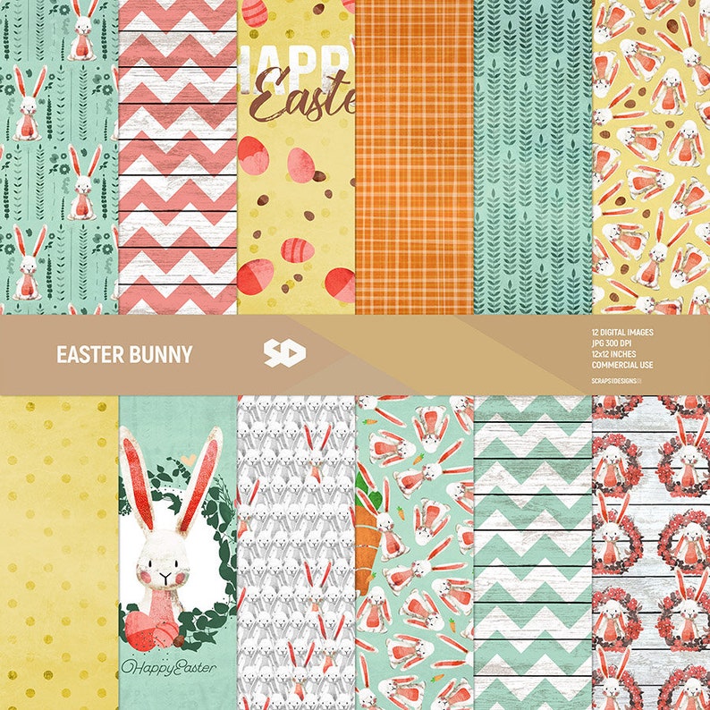 Easter Digital Paper Pack, Easter Scrapbook Pages, Illustration, Bunny ...