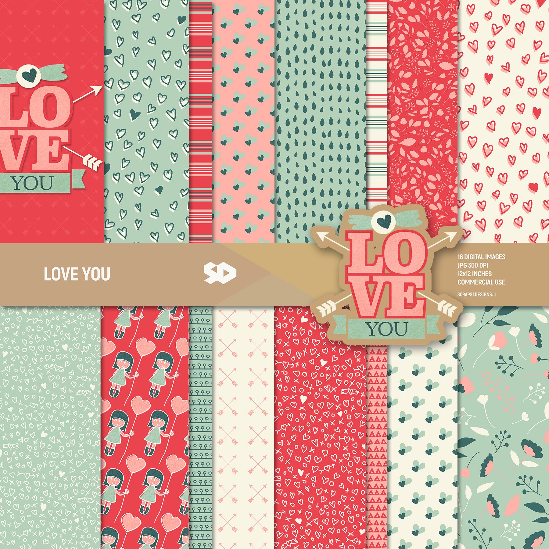 Love you digital paper pack valentine scrapbook pages | Etsy