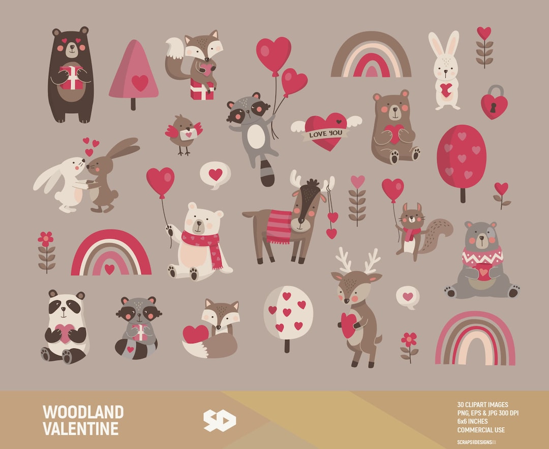 Woodland Valentine Clipart, Animal Forest Clip Art, Valentine's Day ...