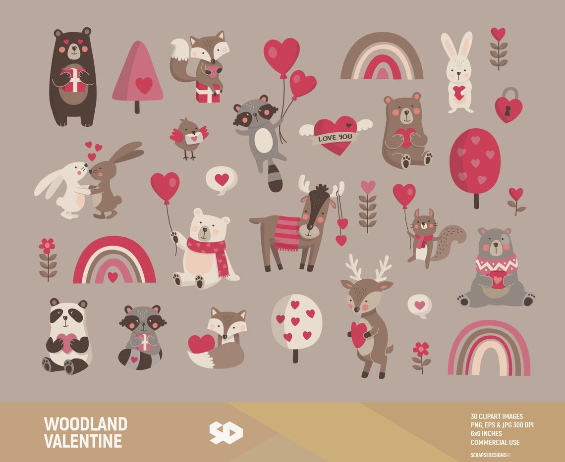 Woodland Valentine Clipart, Animal Forest Clip Art, Valentine's Day ...
