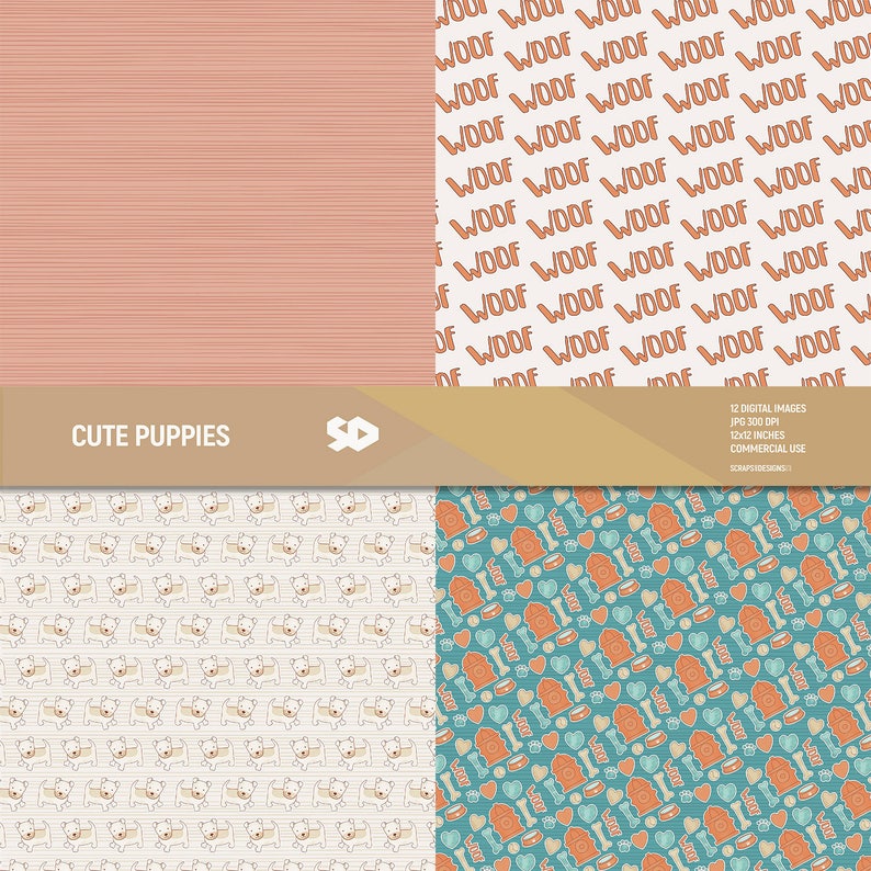 Cute Puppies Digital Paper Pack, Dog Scrapbook Pages, Bobtail Patterns ...