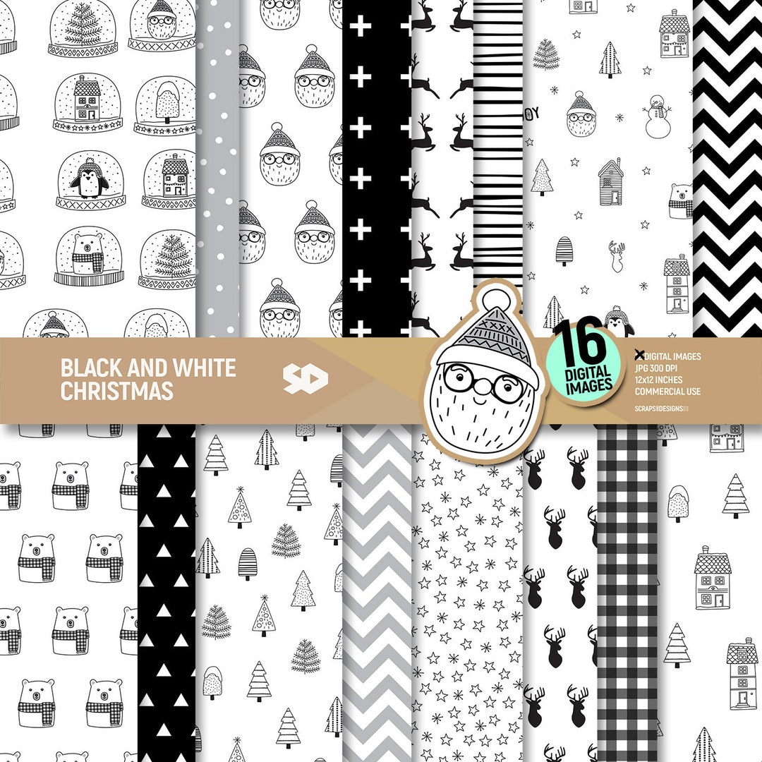 Black and White Christmas Digital Paper, Santa Scrapbook Pages ...