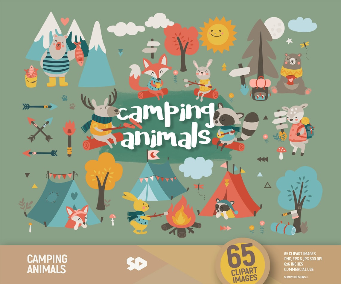 Camping Animals Clipart, Camper Clip Art. Campfire Tent Forest ...