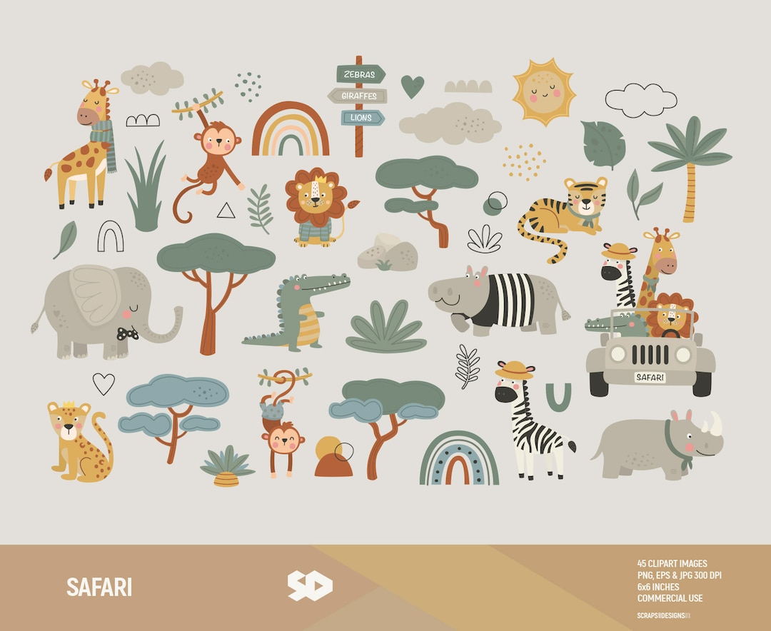 Safari Clipart, Animals Clip Art. Draw Vector Printable, Cute Nursery School Kids Illustration ...