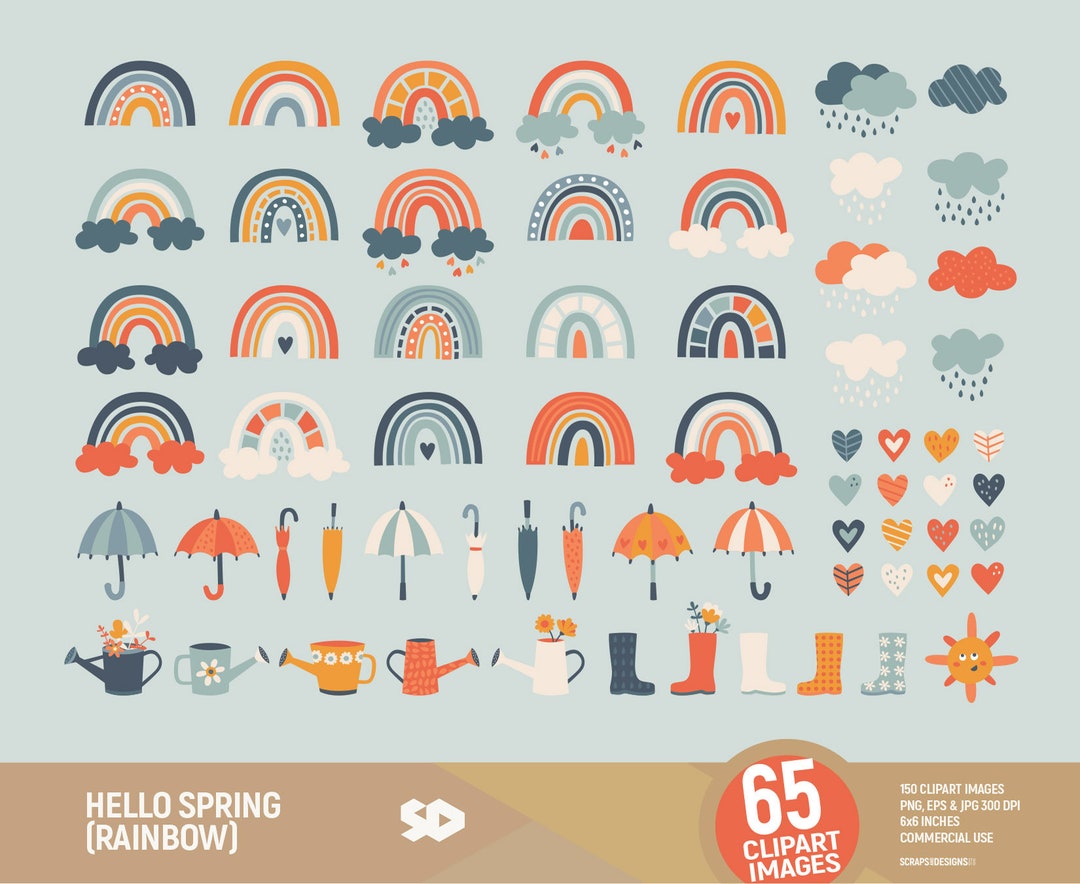 Hello Spring (rainbow) Clipart, Watering Can Clip Art, Cloud, Boho Draw ...
