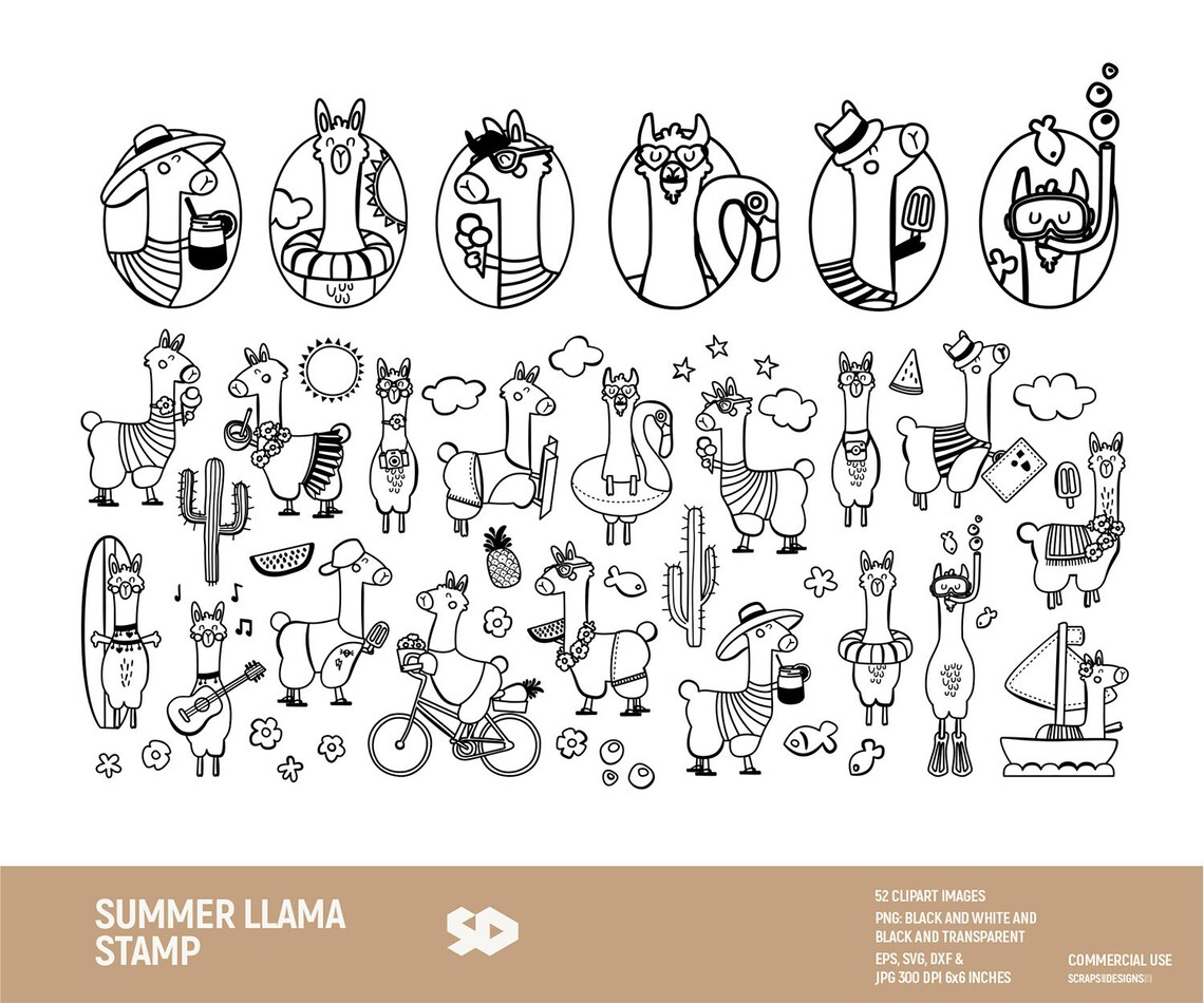 Summer Llama Clipart Bundle, Alpaca Clip Art, Cactus Digital Stamp ...