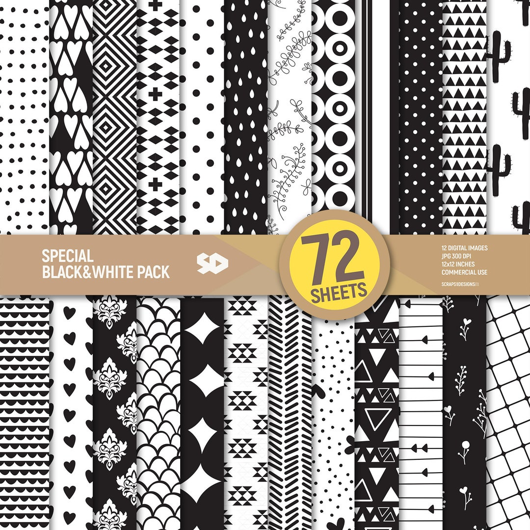72 Black and White Digital Paper Pack. Patterns, Scrapbooking Pages. B ...