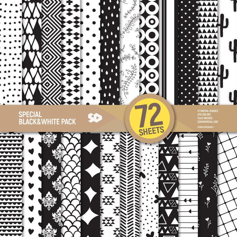 72 Black and White Digital Paper Pack. Patterns Scrapbooking - Etsy