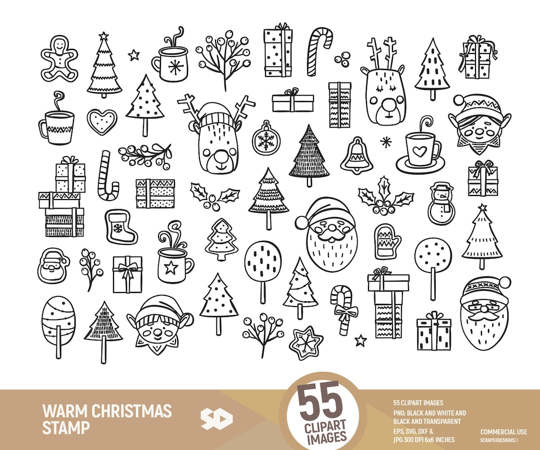 Warm Christmas Clipart Bundle, Santa Clip Art, Xmas Digital Stamp. Tree ...