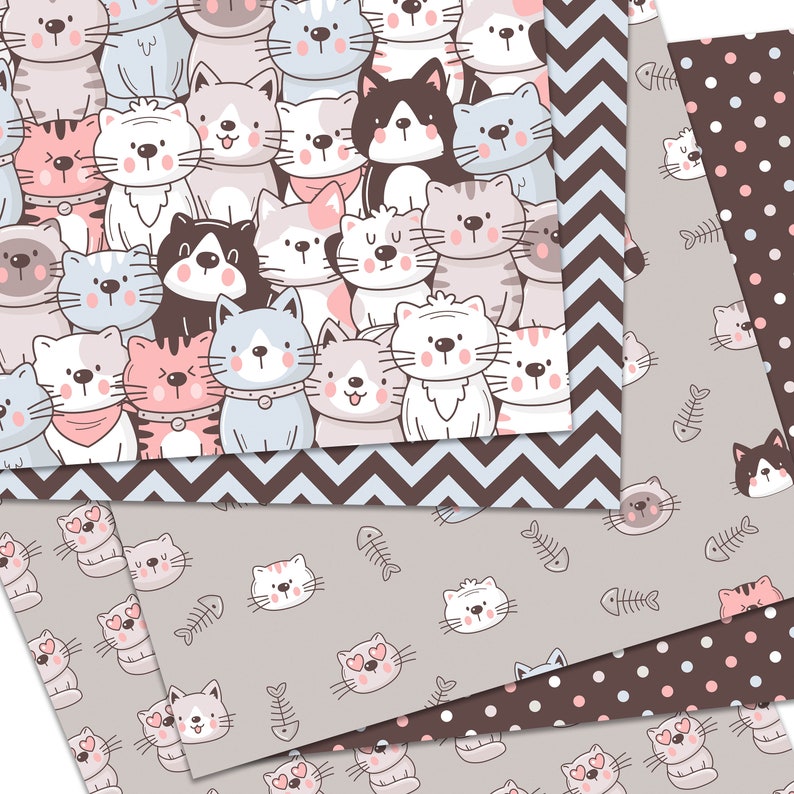 Funny Cats Digital Paper Pack, Cat Scrapbook Pages, Patterns, Kittens ...