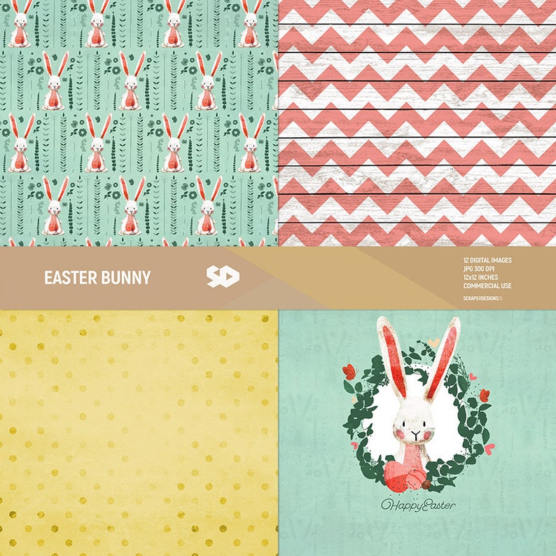 Easter Digital Paper Pack, Easter Scrapbook Pages, Illustration, Bunny ...