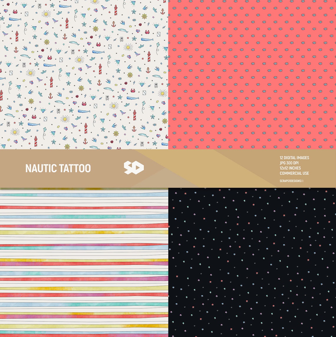 Nautical Tattoo Digital Paper Pack. Hand Draw Scrapbooking Pages ...