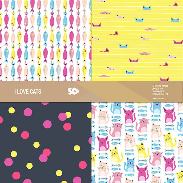 Cats Digital Paper Pack, Cat Scrapbook Pages, Patterns, Fish, Cats and ...