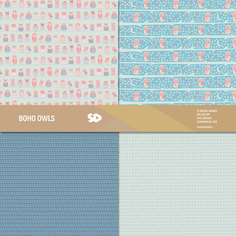 Boho Owls Digital Paper Pack. Scrapbooking Pages, Background, Scrapbook ...