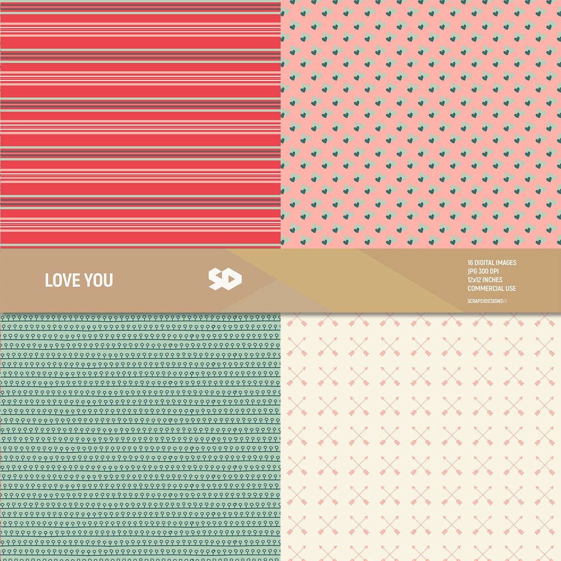 Love You Digital Paper Pack, Valentine Scrapbook Pages, Patterns ...