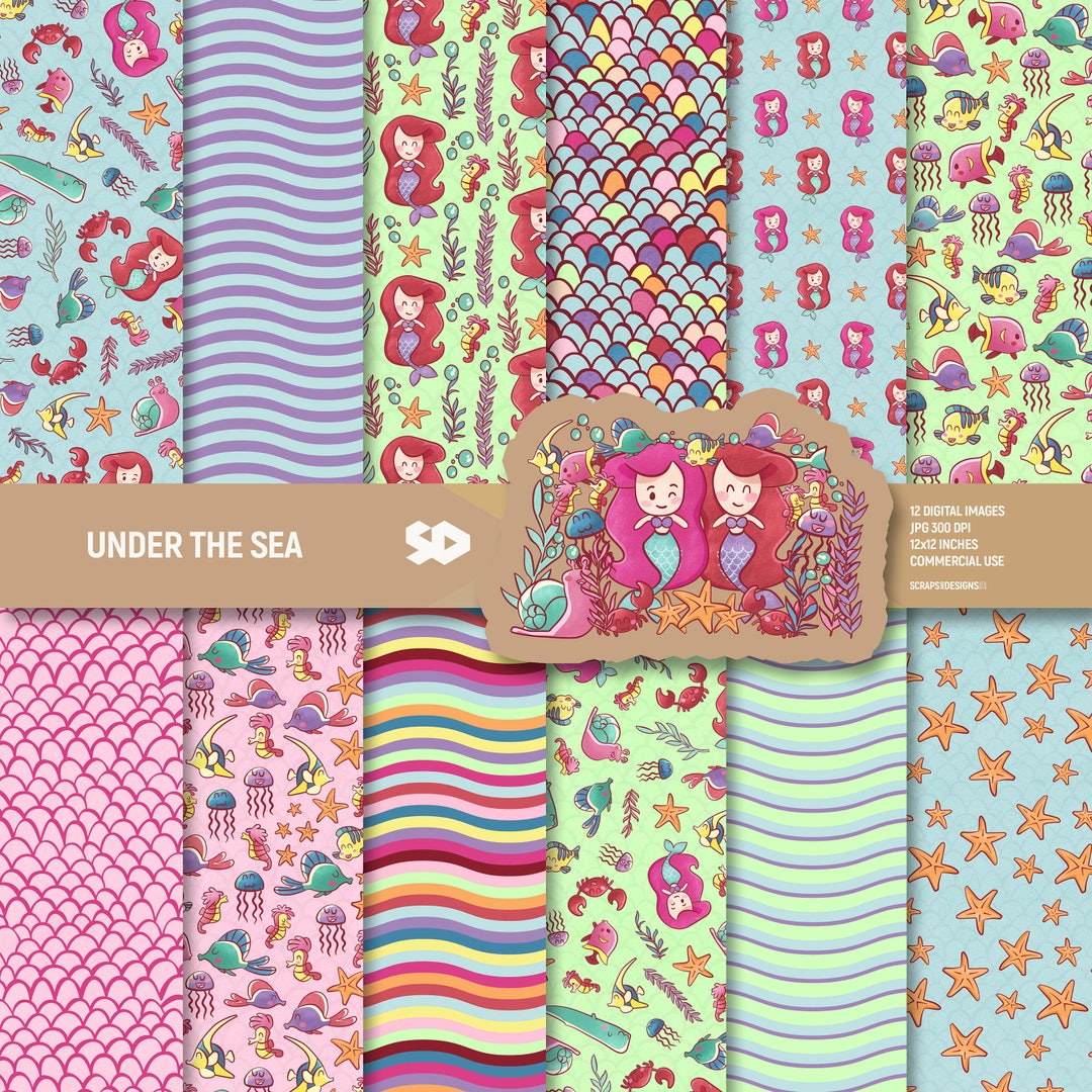 Mermaid Digital Paper Pack, Sea Scrapbook Pages, Patterns, Underwater ...