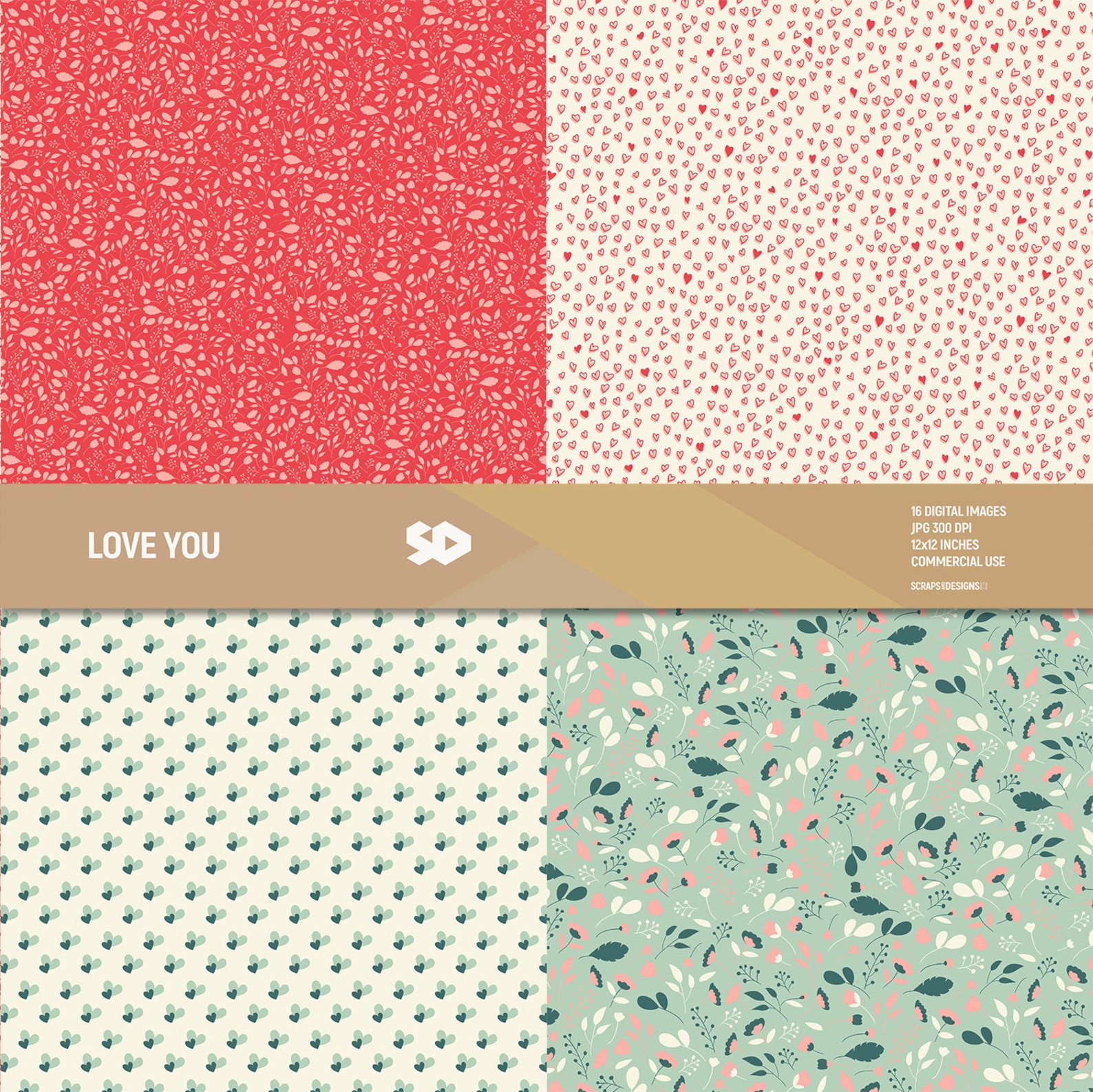 Love You Digital Paper Pack, Valentine Scrapbook Pages, Patterns ...