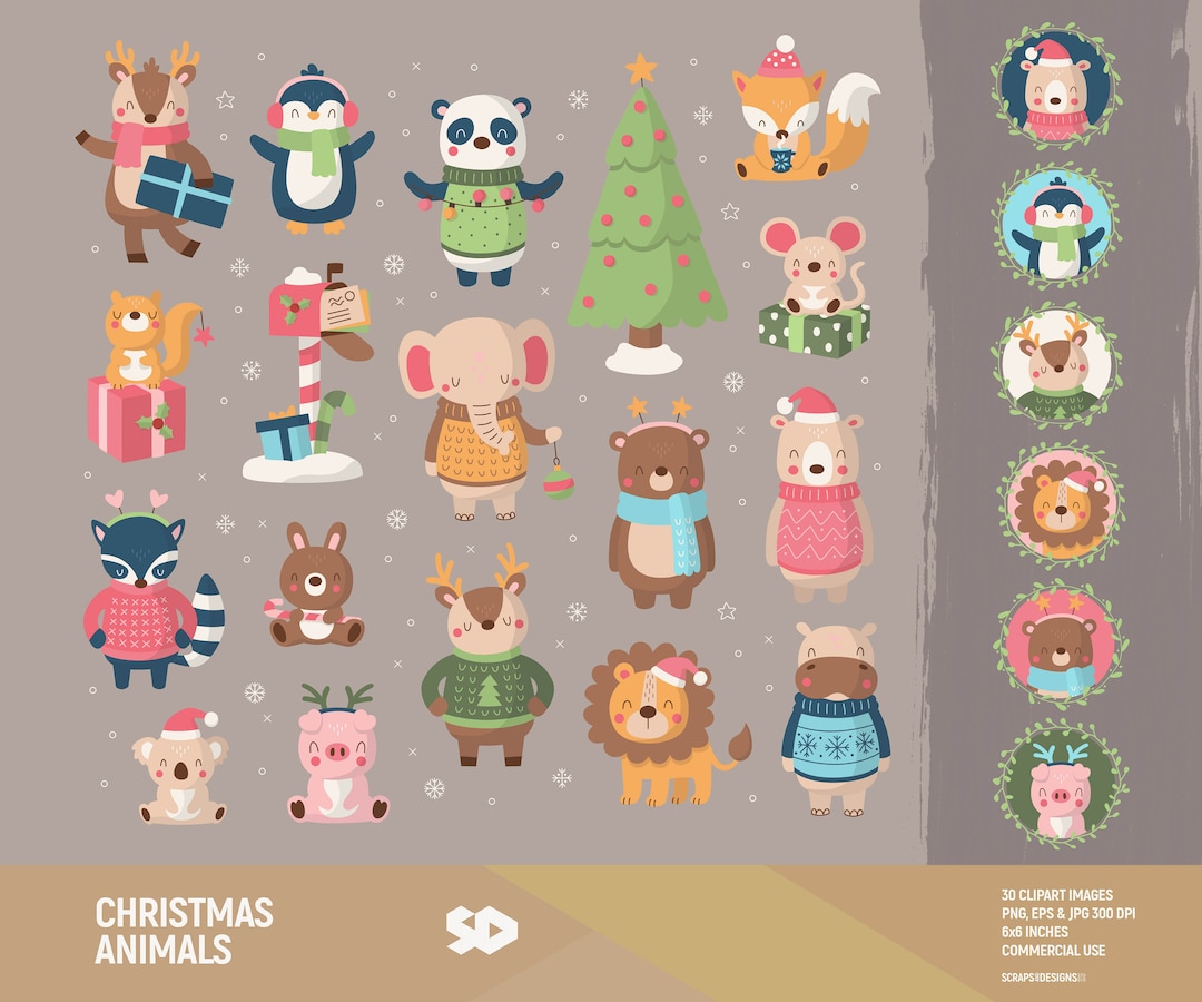 Christmas Animals Clipart, Woodland Clip Art, Wild Safari Animal, Xmas ...