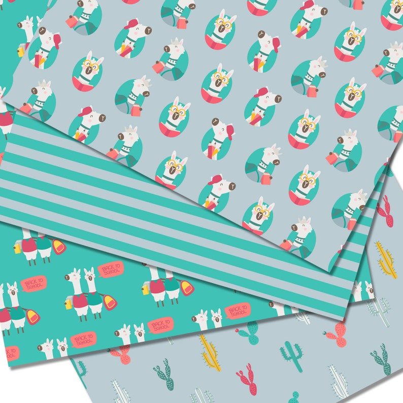 School Llama Digital Paper Pack, Cactus Scrapbook Pages, Alpaca, Kids ...
