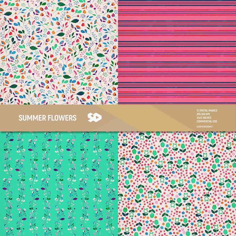 Summer Flowers Digital Paper Pack. Floral Scrapbooking Pages, Summer ...