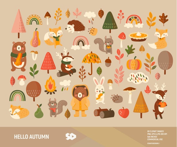 Hello Autumn Clipart Animals Clip Art Fall Leaves Rainbow - Etsy Canada