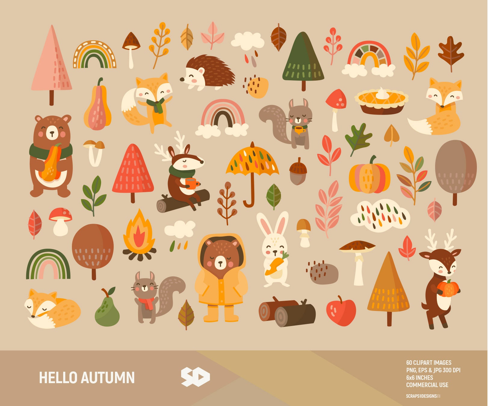 Hello Autumn Clipart Animals Clip Art Fall Leaves Rainbow - Etsy