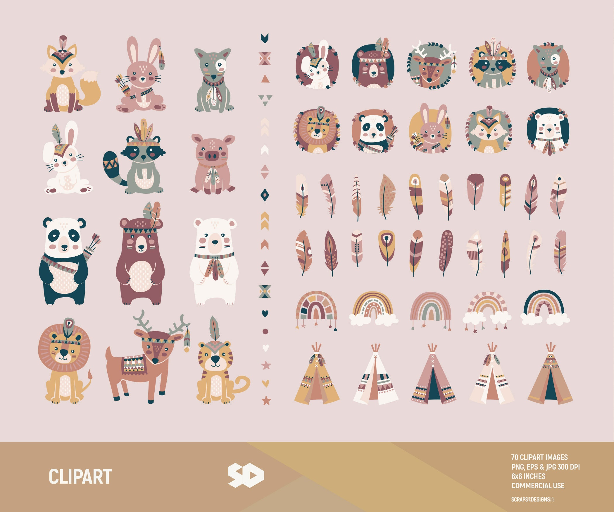 Boho Nursery Clipart, Tribal Animal Clip Art. Feather Rainbow, Woodland ...
