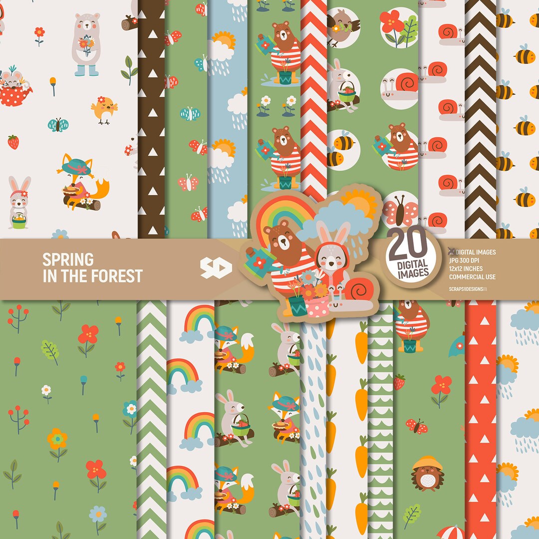 Spring in the Forest Digital Paper. Animals Scrapbooking Pages. Flower ...