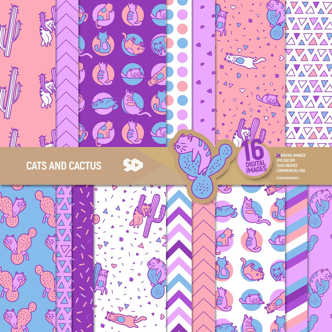 Cats and Cactus Digital Paper Pack, Cat Scrapbook Pages, Pets Patterns ...