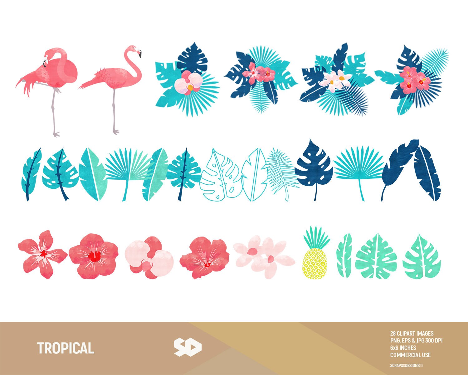 Tropical Digital Clipart. Flamingo Clip Art. Summer Clipart. | Etsy