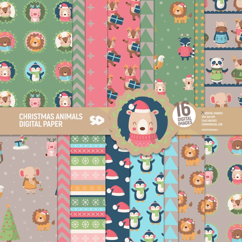 Christmas Animals Digital Paper, Woodland Scrapbook Pages, Wild Animal ...