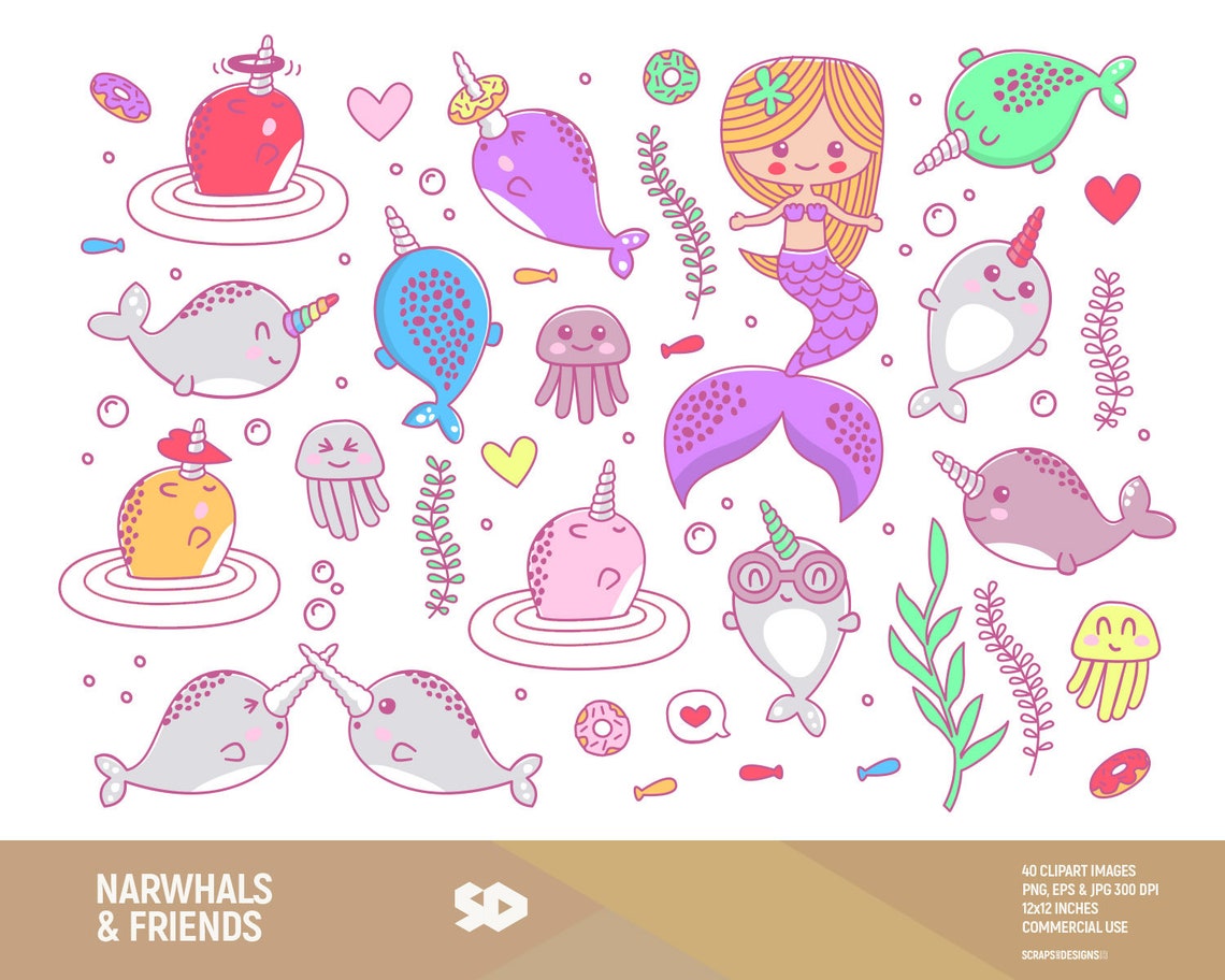 Narwhal Clipart Cute Narwhals Clip Art Mermaid Party Kids - Etsy