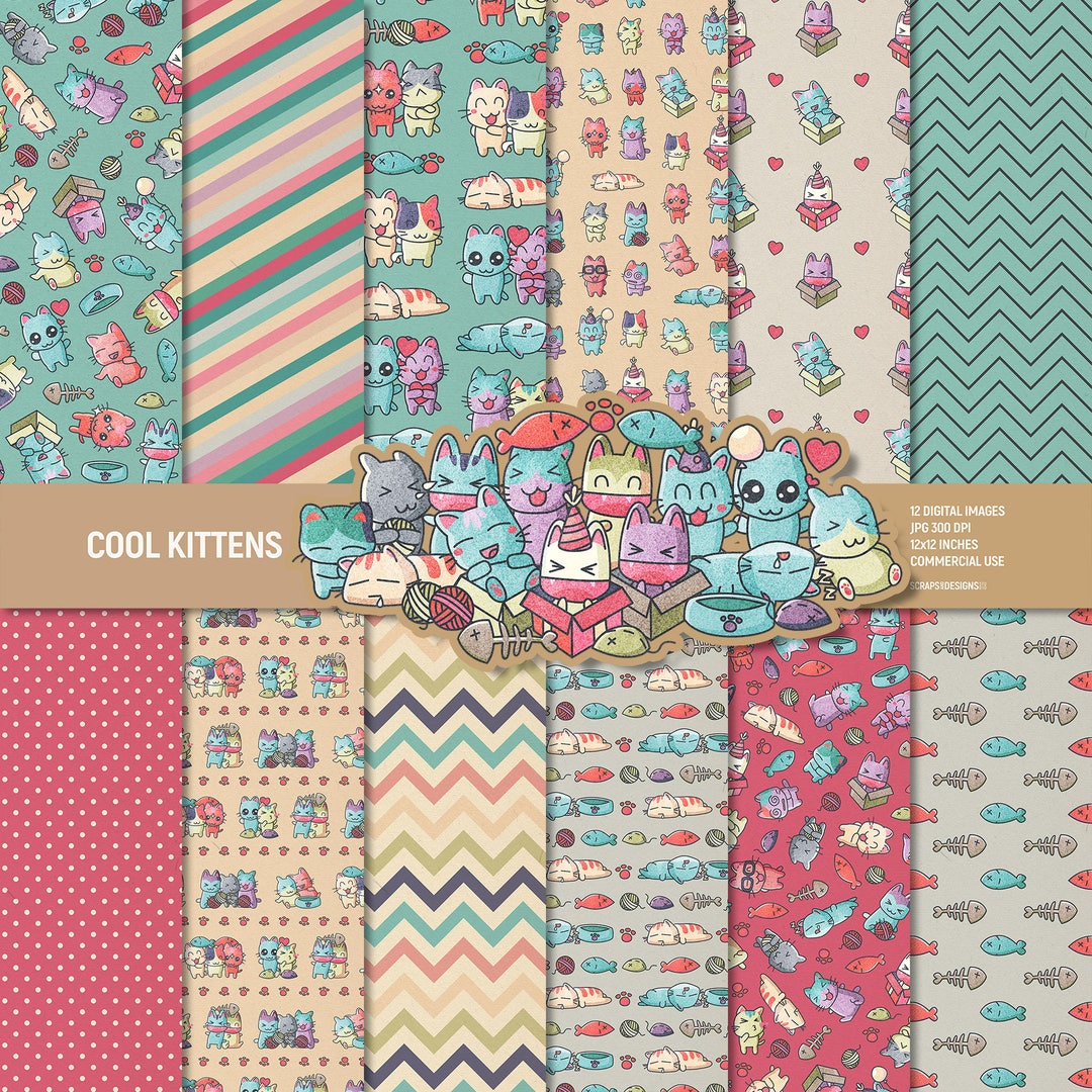 Cool Kittens Digital Paper Pack, Cat Scrapbook Pages Patterns, Pet ...