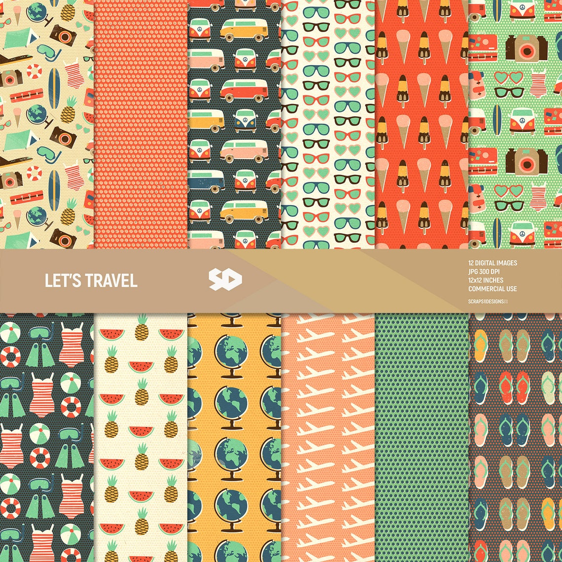 Travel Digital Paper Pack. Summer Scrapbooking Pages Hippy | Etsy