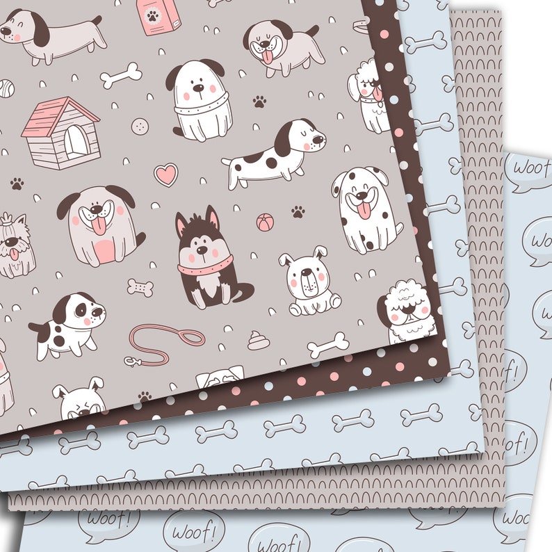 Funny Dogs Digital Paper Pack, Dog Scrapbook Pages, Patterns, Puppy ...