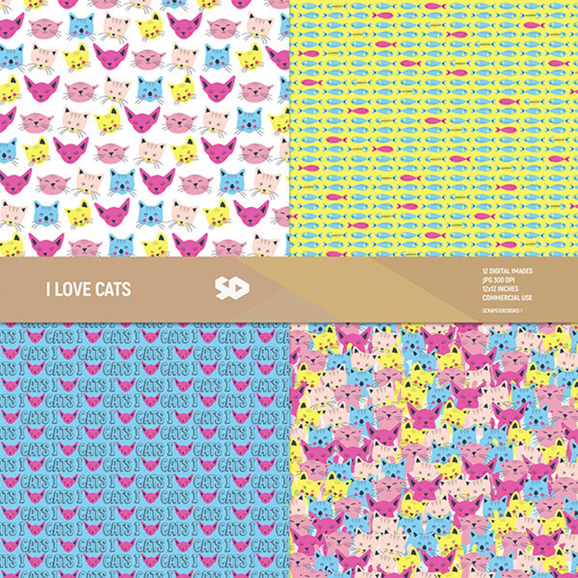 Cats Digital Paper Pack Cat Scrapbook Pages Patterns Fish - Etsy