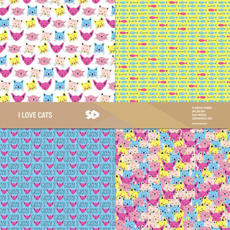 Cats Digital Paper Pack, Cat Scrapbook Pages, Patterns, Fish, Cats and ...
