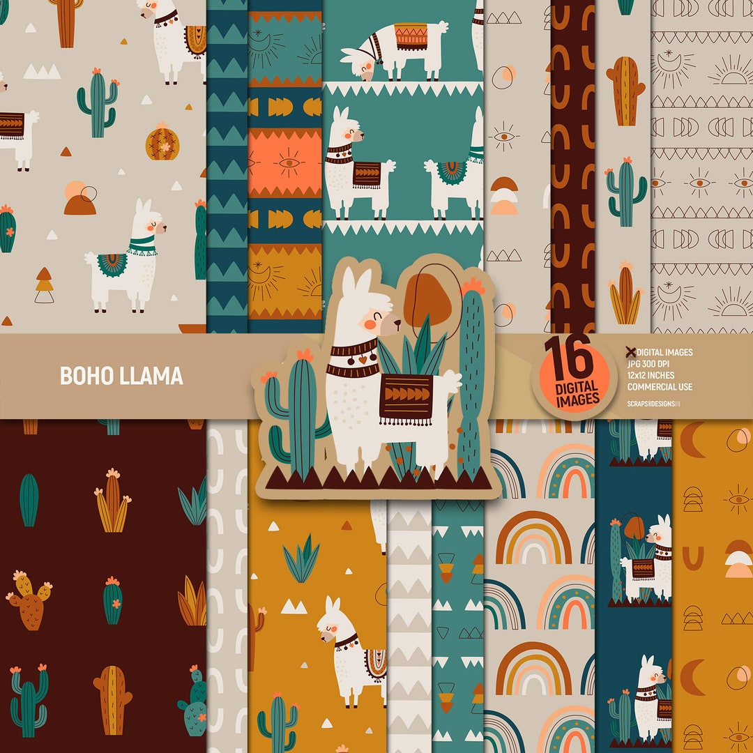 Boho Llama Digital Paper Pack, Cactus Scrapbook Pages, Alpaca Patterns ...