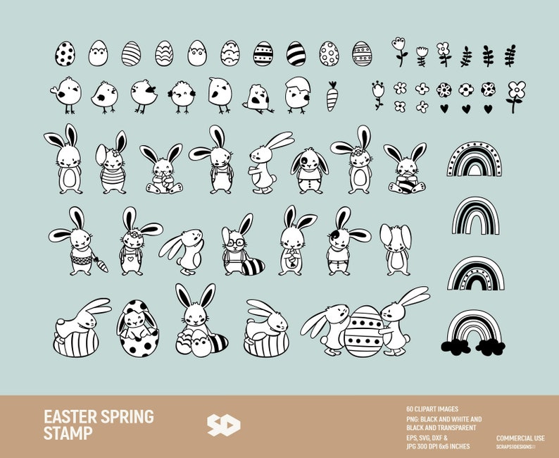 Easter Spring Clipart Bundle, Bunny Clip Art Digital Stamp, Rainbow ...