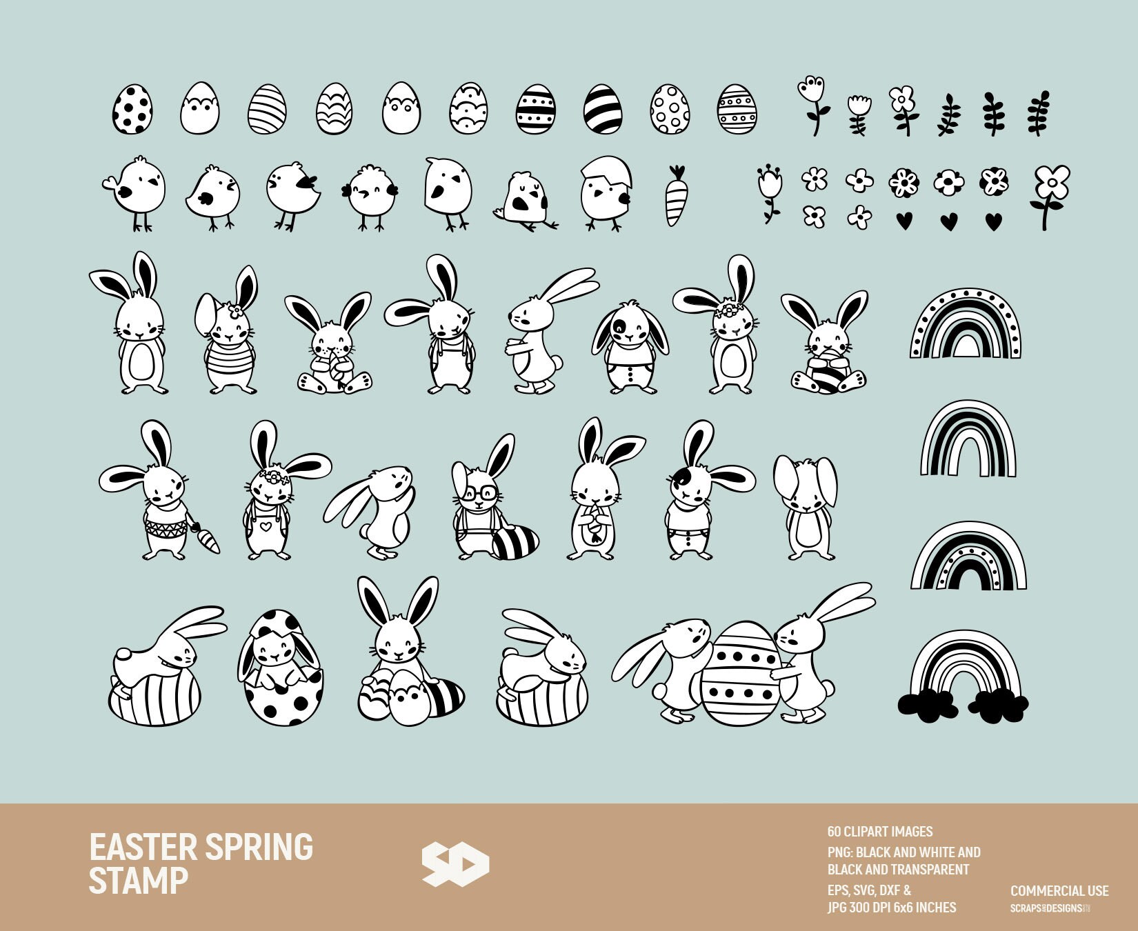 Easter Spring Clipart Bundle, Bunny Clip Art Digital Stamp, Rainbow ...