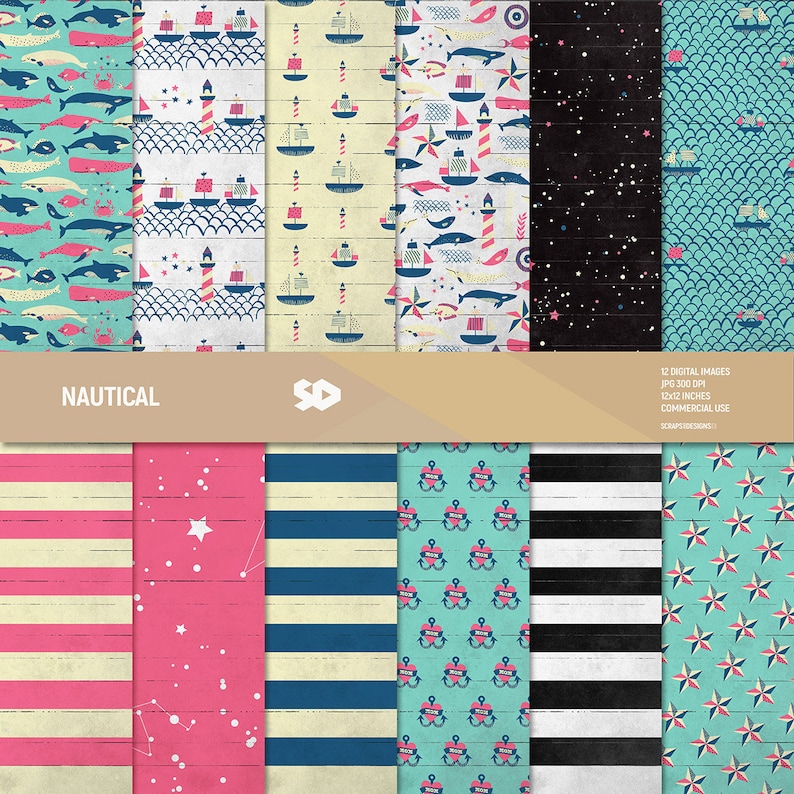 Nautical Digital Scrapbooking Paper Pack Sea paper set Navy | Etsy