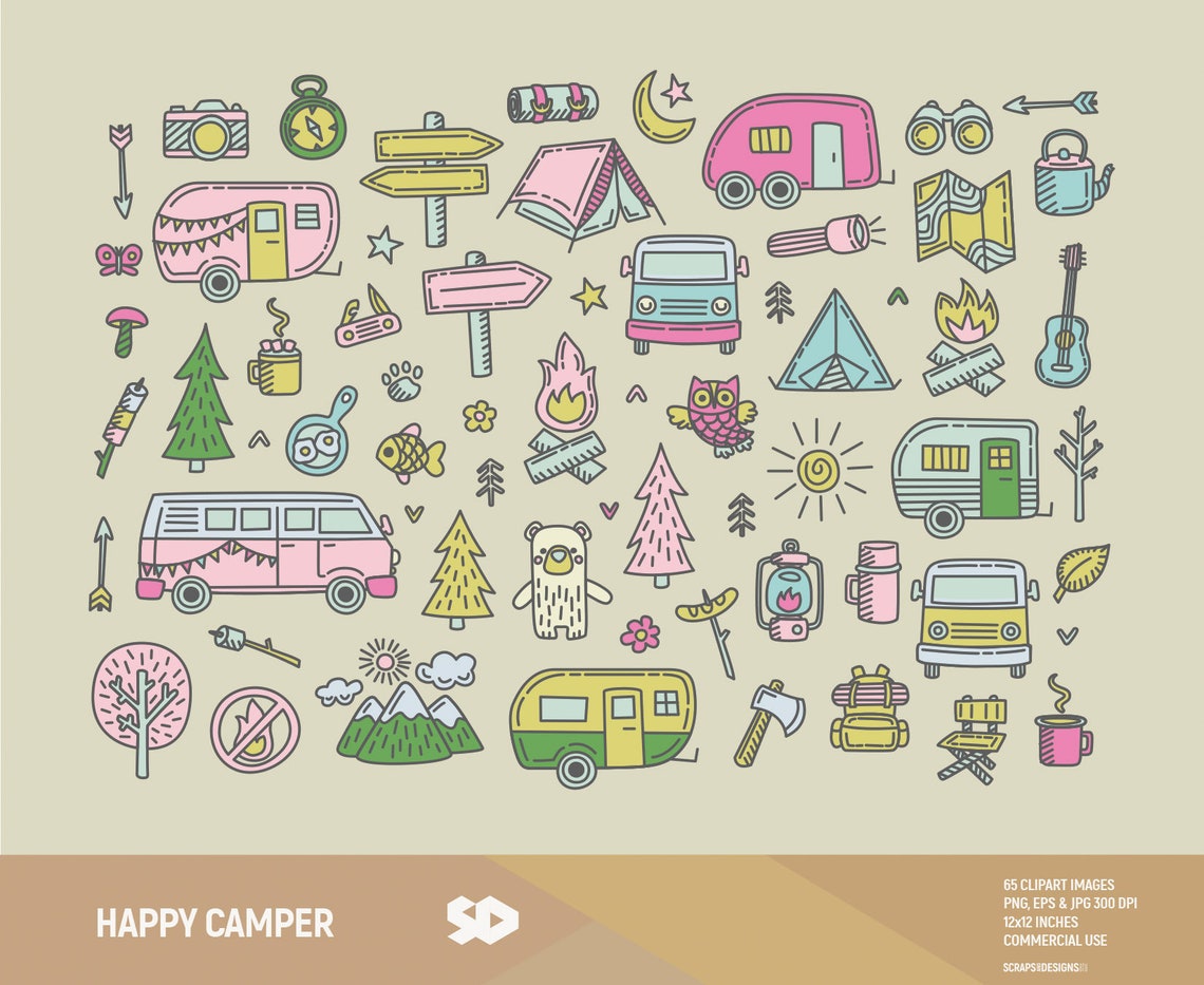 Happy Camper Clipart, Camping Clip Art, Travel Clipart, Campfire Draw ...