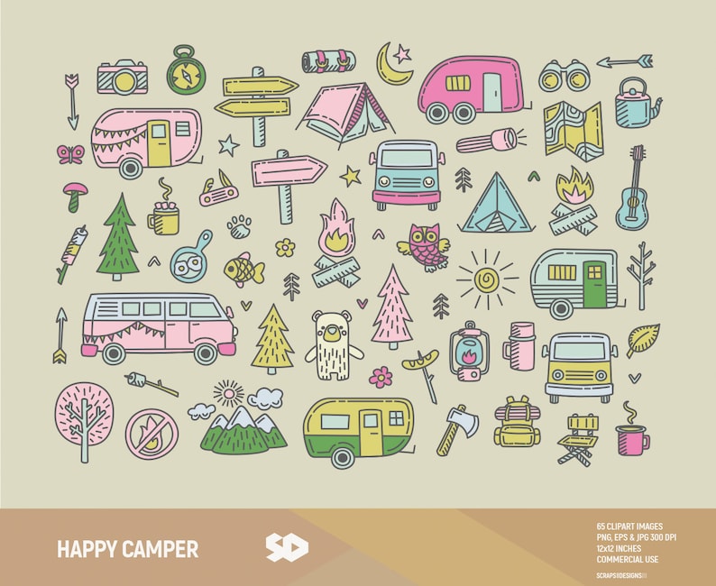 Happy Camper Clipart, Camping Clip Art, Travel Clipart, Campfire Draw ...