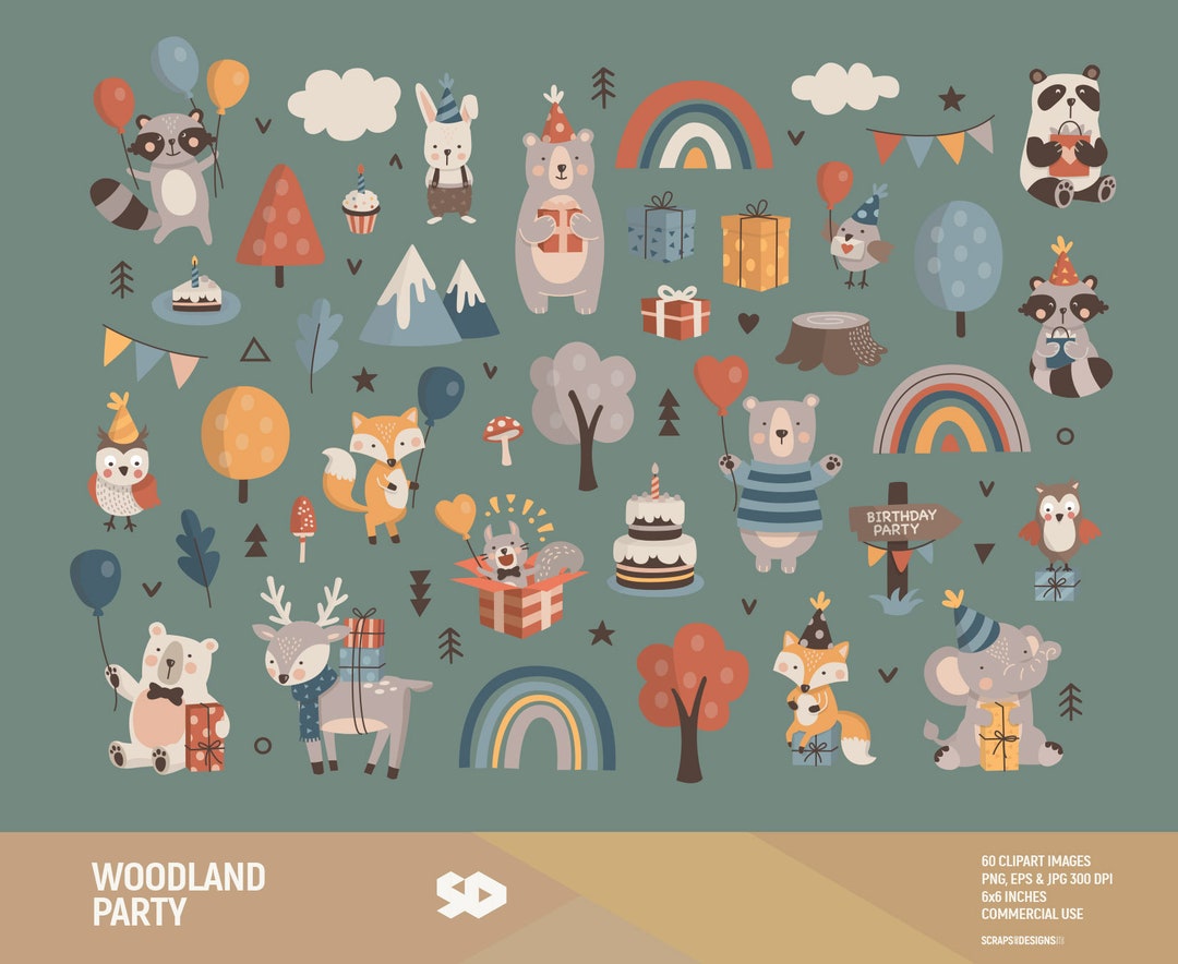 Woodland Party Clipart, Forest Clip Art, Birthday Animals, Fox Owl Deer ...